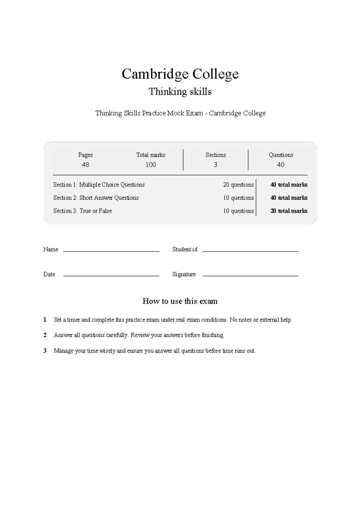 Cambridge College Thinking Skills Mock Exam Practice (Total 100 Marks ...