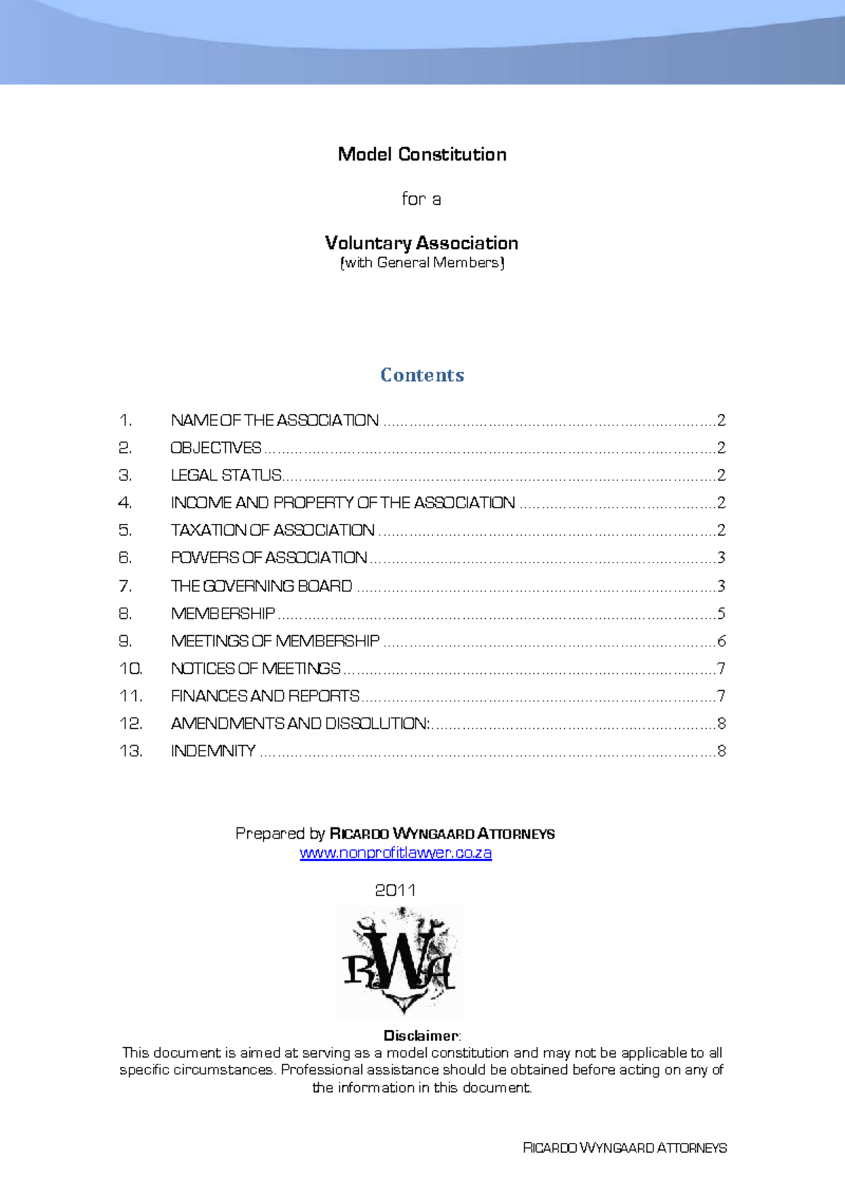 Model Constitution for a Non-Profit Association (Sample Document) - Studocu