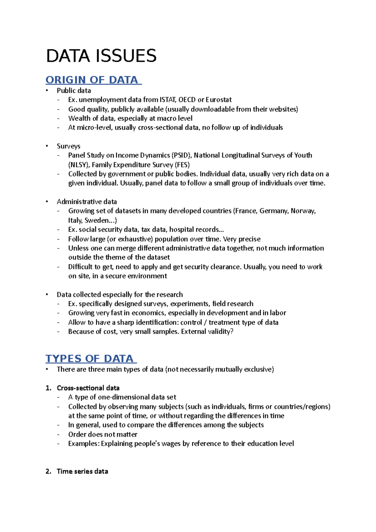 1. DATA Issues - Chapter 1 - DATA ISSUES ORIGIN OF DATA Public data Ex. unemployment data from ...