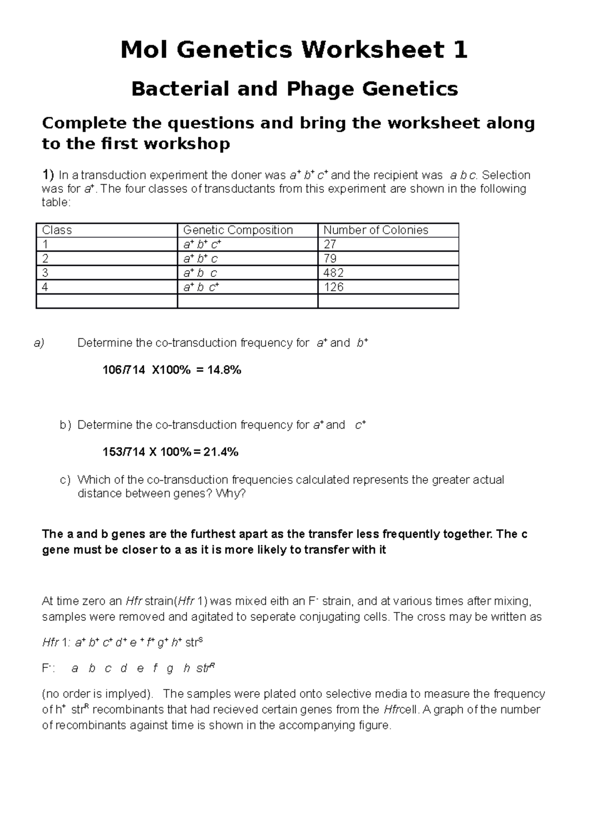 Workshop 1 Answers - Mol Genetics Worksheet 1 Bacterial and Phage ...