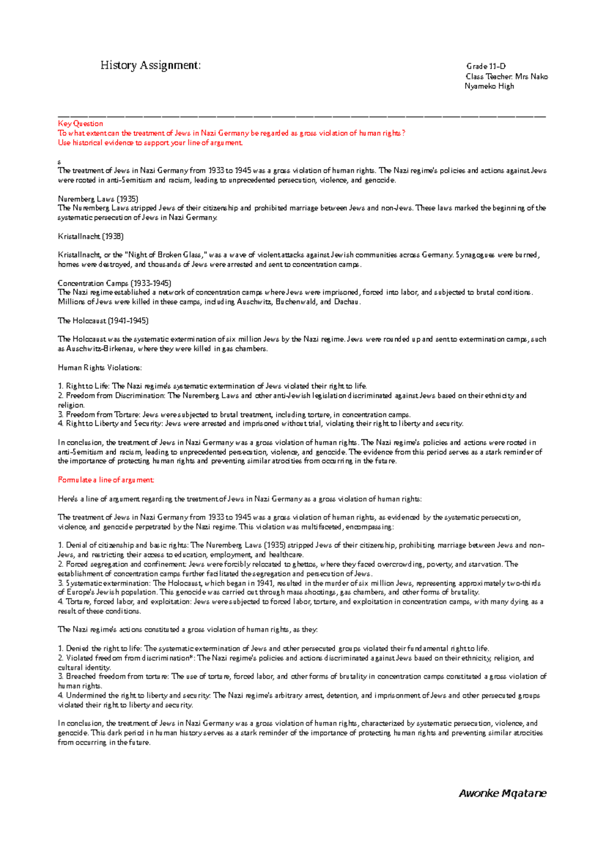 History Assignment G11: Human Rights Violations Against Jews in Nazi ...