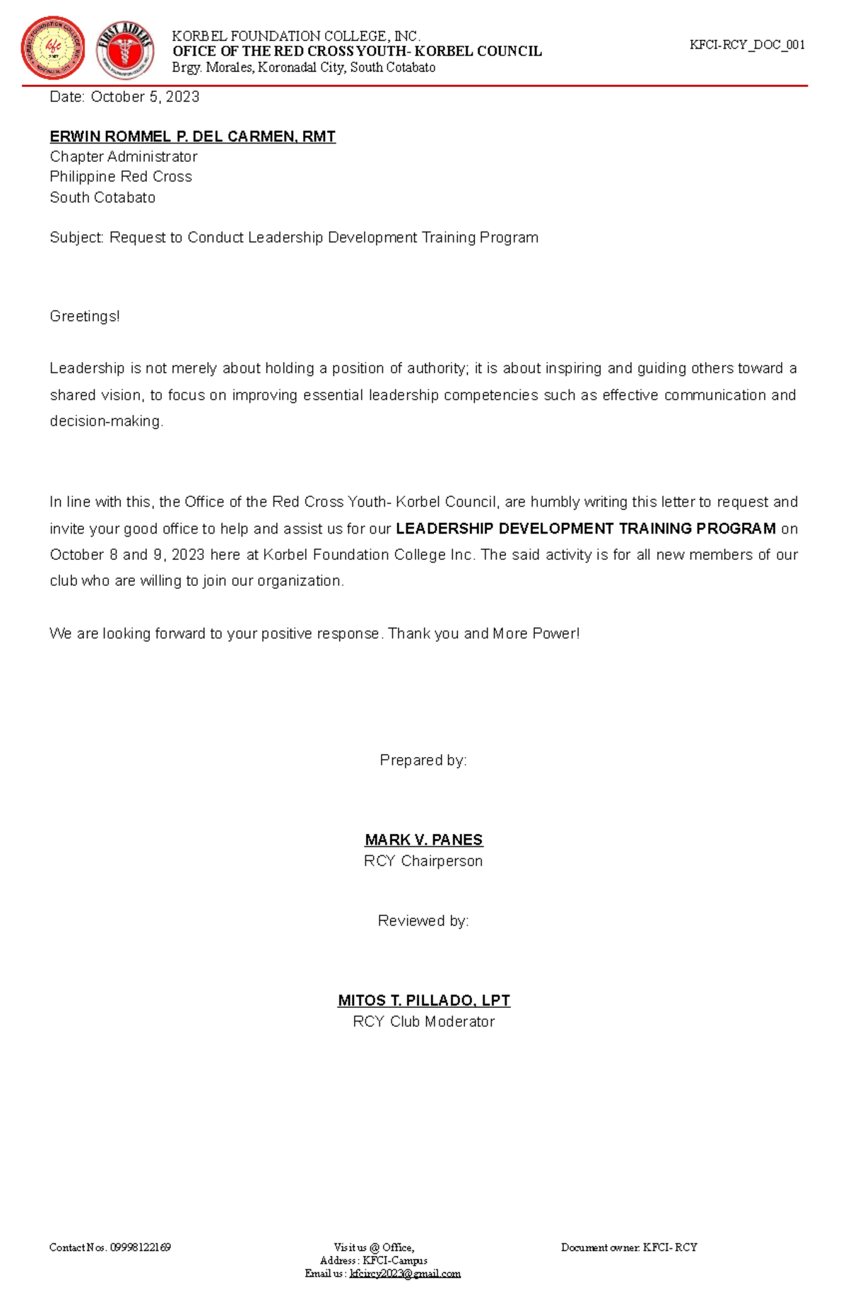 KFCI-RCY Proposal for Leadership Development Training Program 2023 ...