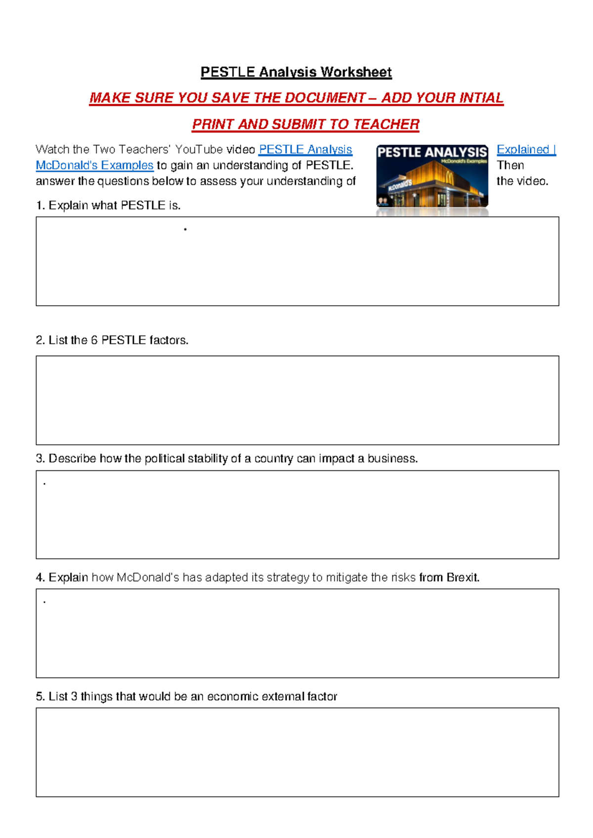 PESTLE Analysis Worksheet: McDonald's Strategic Assessment Guide - Studocu