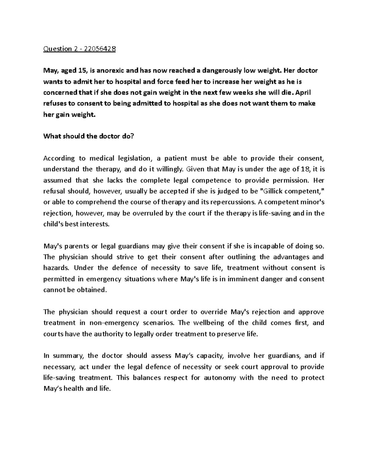 Medical Law - Consent: Case Study on Anorexia Treatment (Q2 22056428 ...