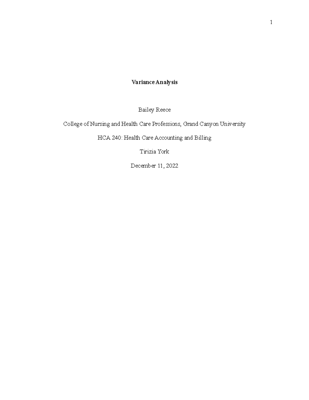 HCA 240: Variance Analysis in Health Care Cost Management - Studocu