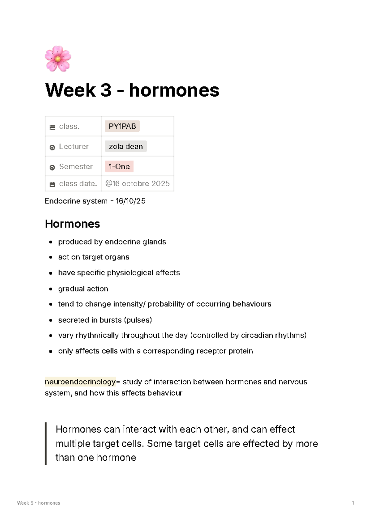 PY1PAB Week 3 Hormones: Endocrine System Insights and Effects - Studocu