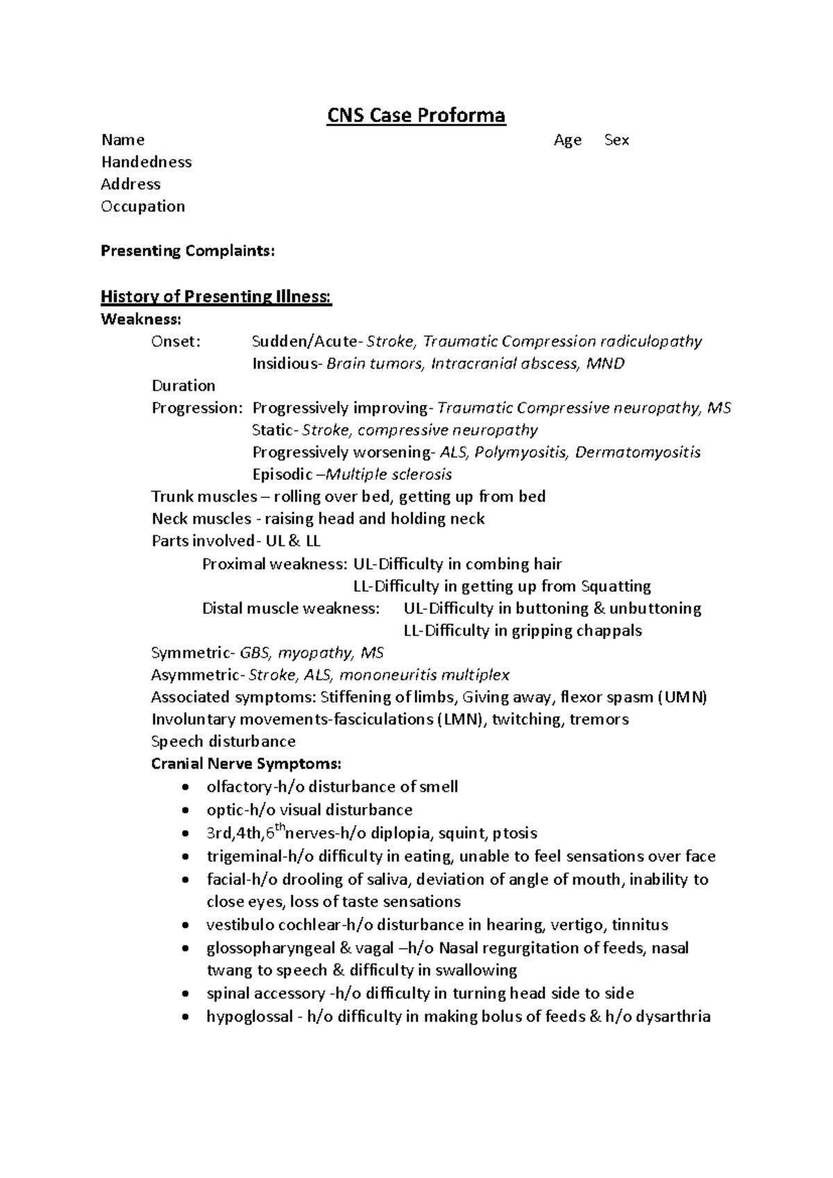 CNS Case Proforma-Copy - CNS Case Proforma Name Age Sex Handedness ...