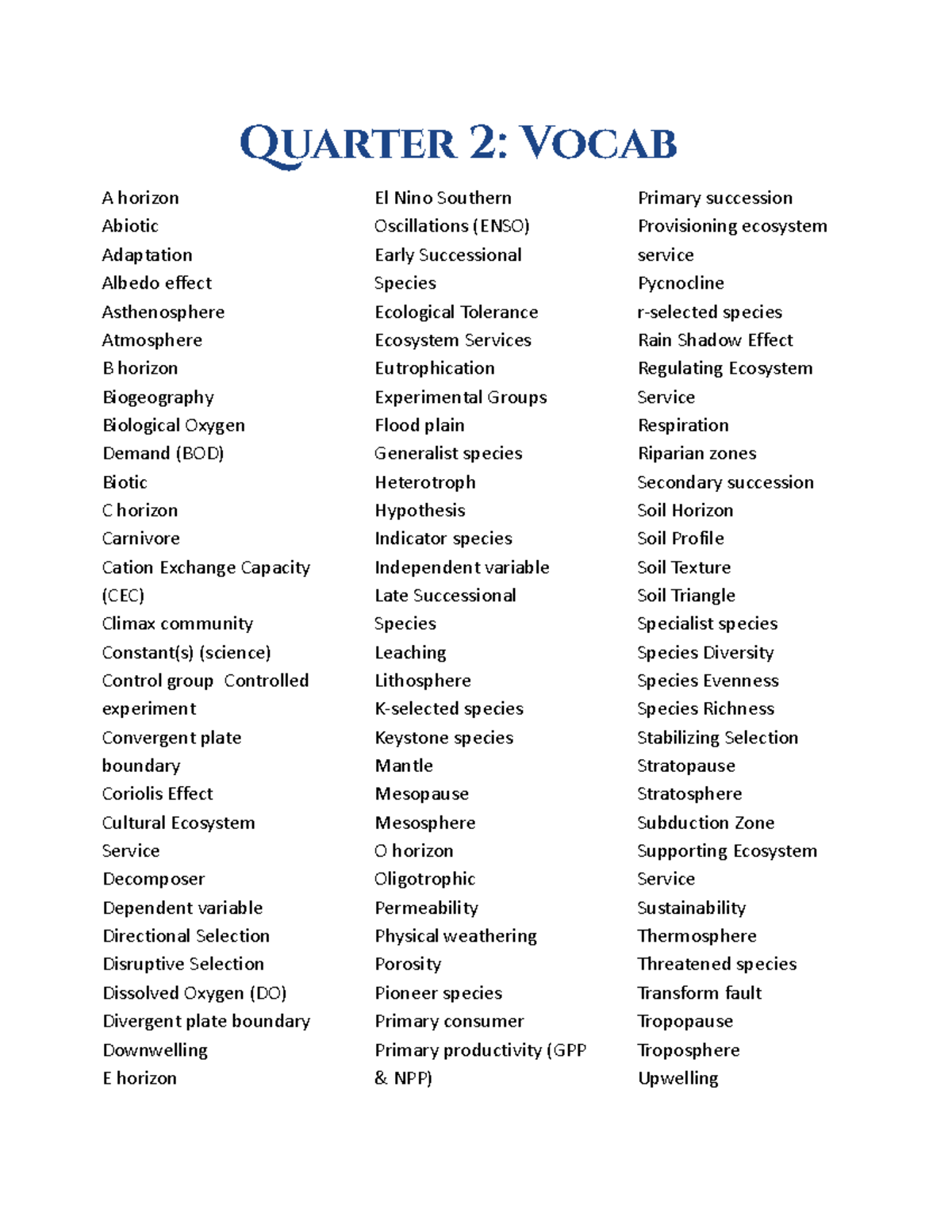 Quarter 2 Vocabulary List for Environmental Science (ES 101) - Studocu