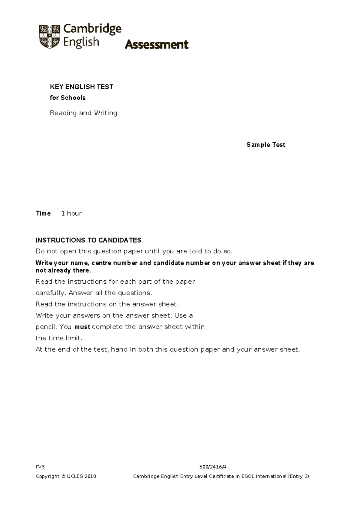 KET Sample Test 01: Key English Test for Schools - Reading & Writing ...