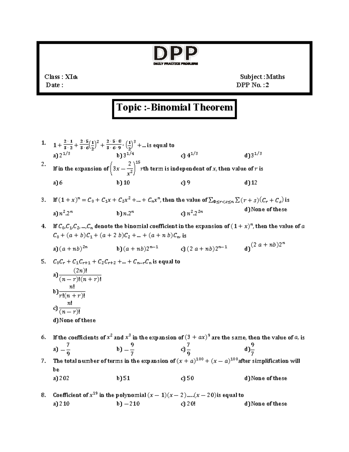 DPP2 - Binomial Theorem Class XI Math Notes - Studocu