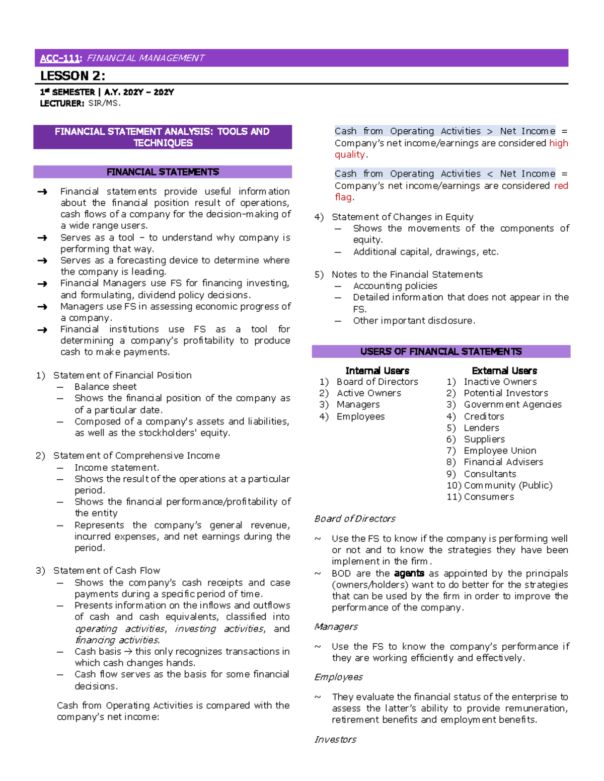 ACC-111 Financial Management: Lesson 2 on Financial Statement Analysis ...