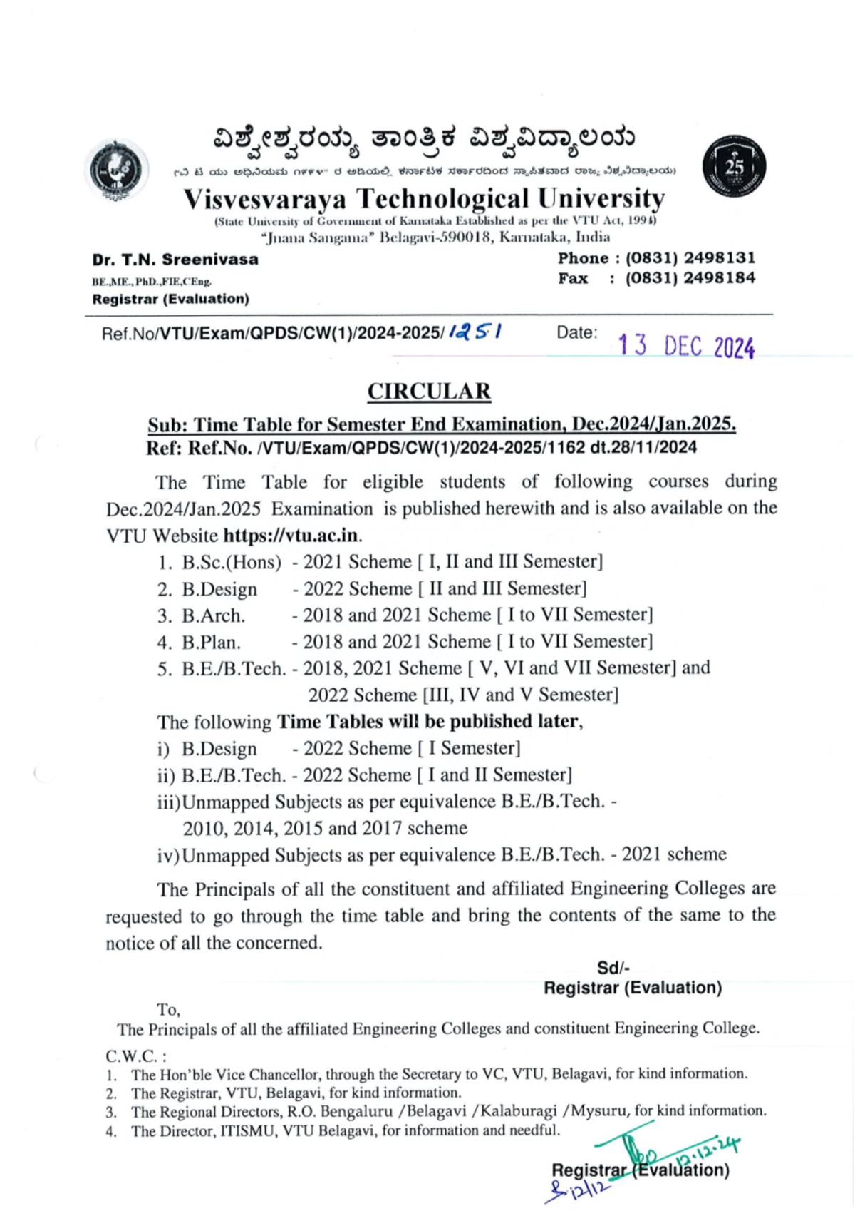 VTU Exam Dec 2024 - Jan 2025 Time Table for Eligible Courses - Studocu