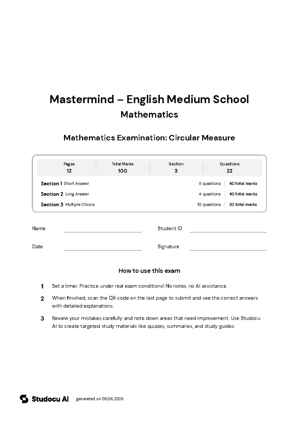 Mathematics Final Exam: Circular Measure - Studocu