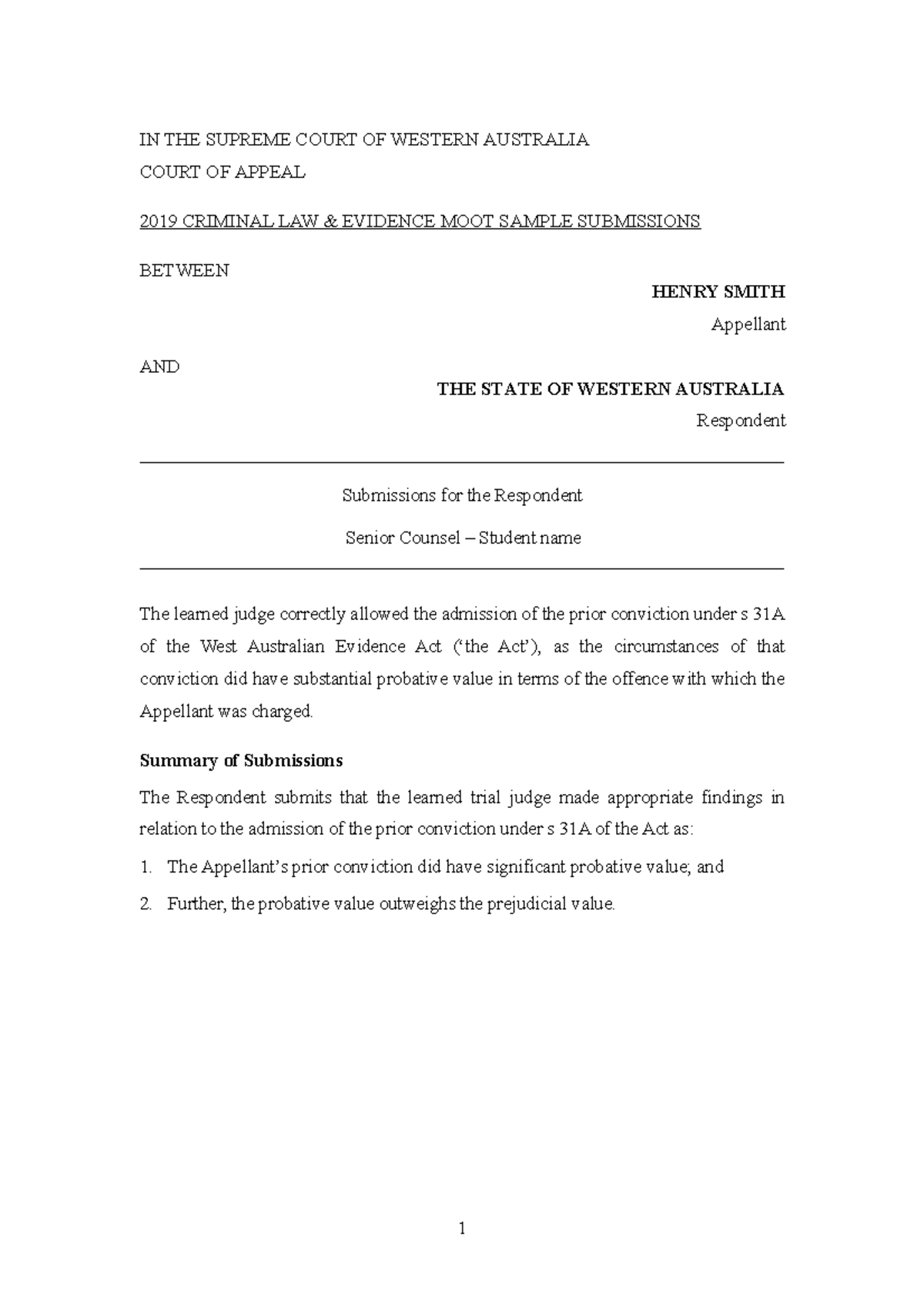 2019 CL&E Moot Sample Submissions for Henry Smith v. State WA - Studocu