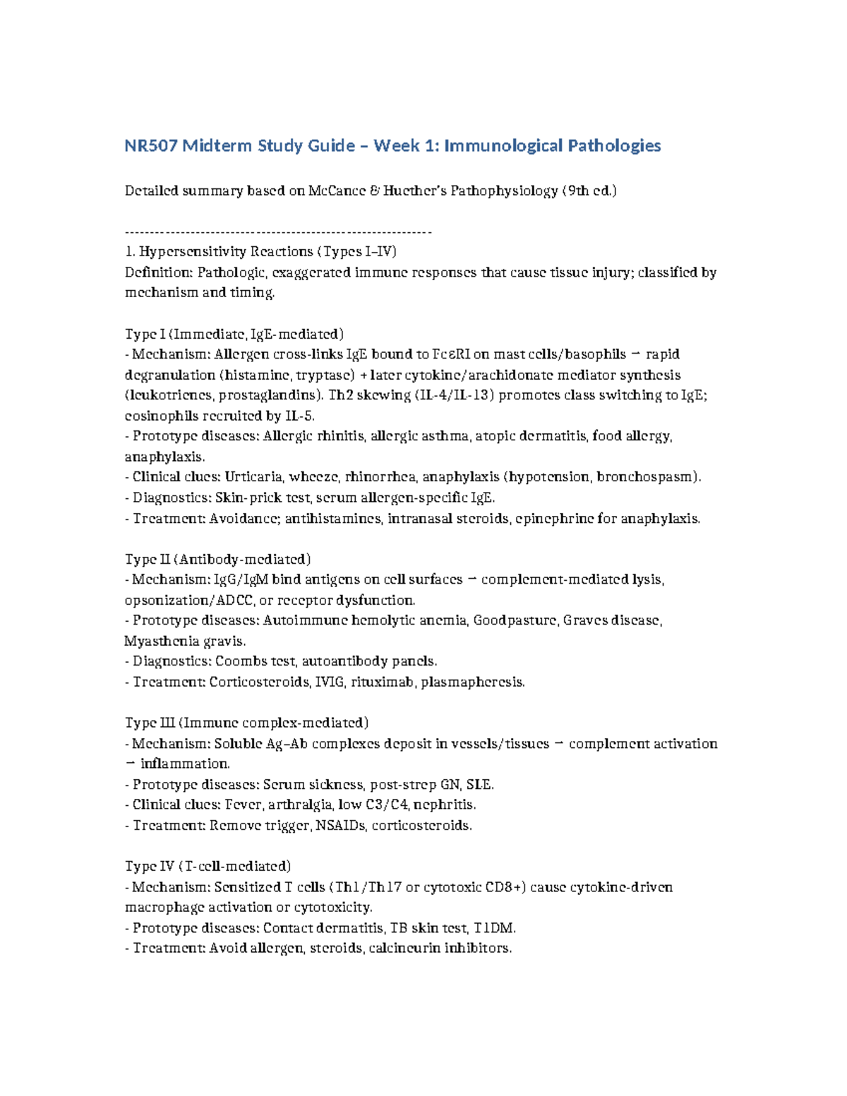 NR507 Midterm Study Guide: Immunological Pathologies Overview - Studocu