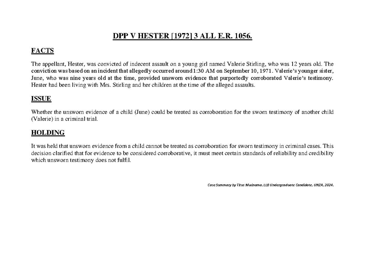 DPP V Hester [1972] - Case Summary & Key Legal Issues Analysis - Studocu