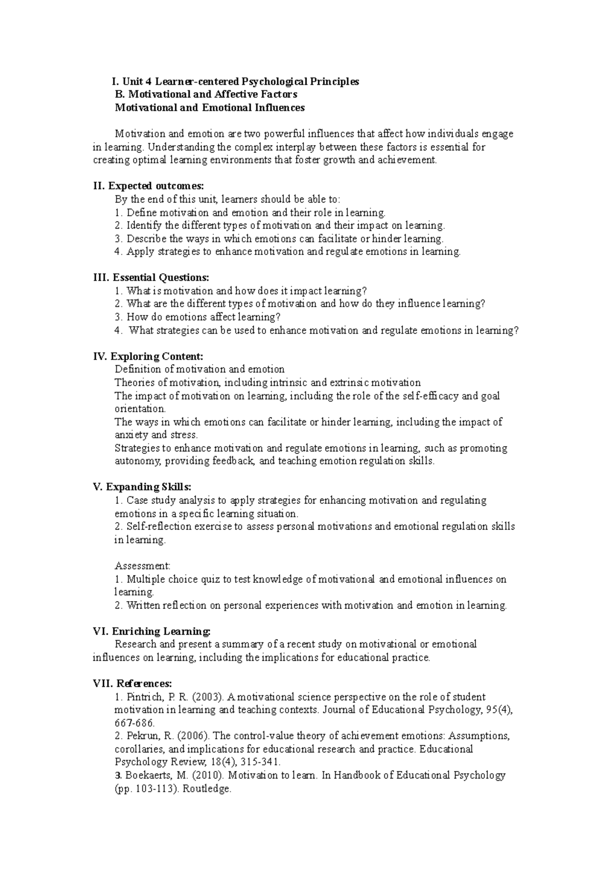 Motivational and Emotional Influences - I. Unit 4 Learner-centered ...