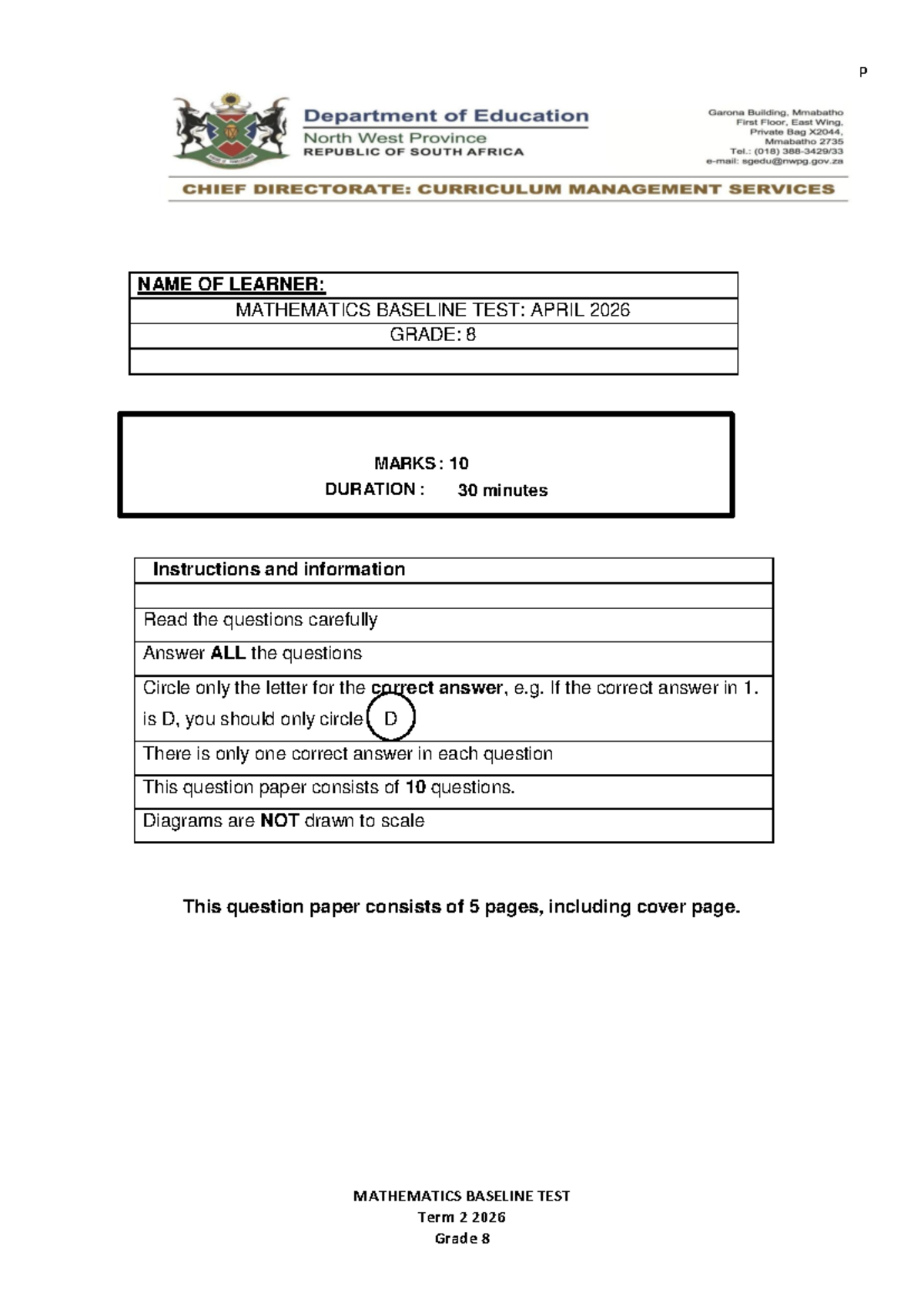 Grade 8 Mathematics Baseline Test Term 2 2026 - 10 Questions - Studocu
