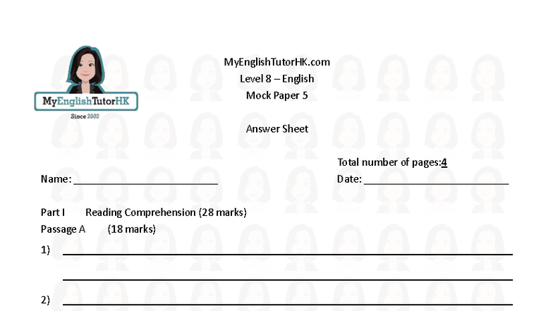 Mock 5 Answer Sheet - reading - MyEnglishTutorHK Level 8 – English Mock ...