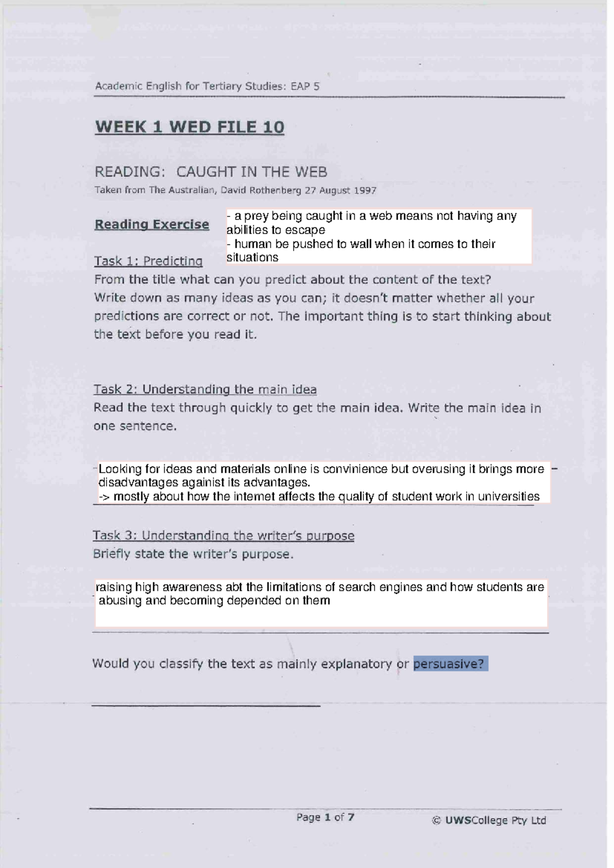 EAP5 Week 1 Wed F10 Reading Caught in the web - English for Academic ...