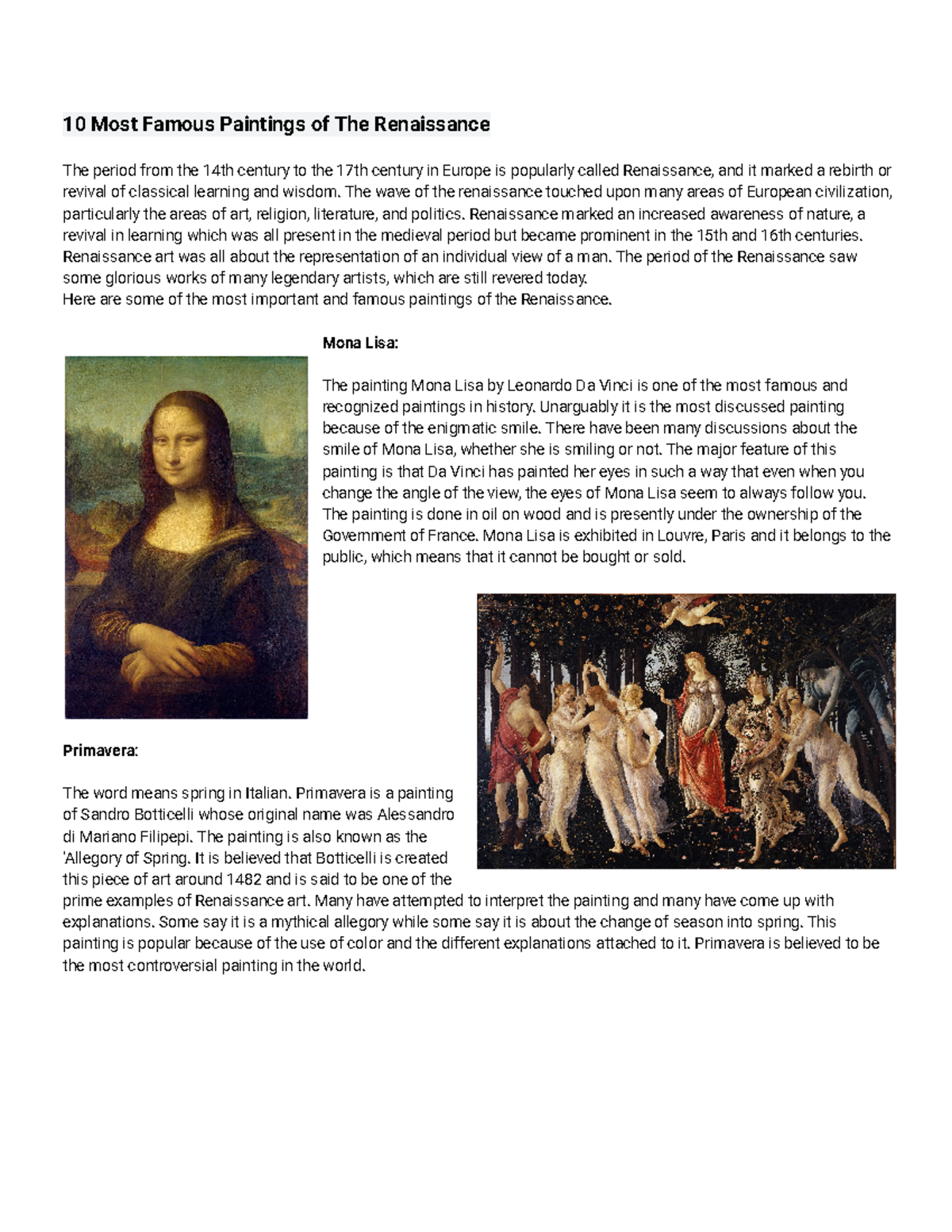 AP Euro - Top 10 Iconic Paintings of the Renaissance Period - Studocu