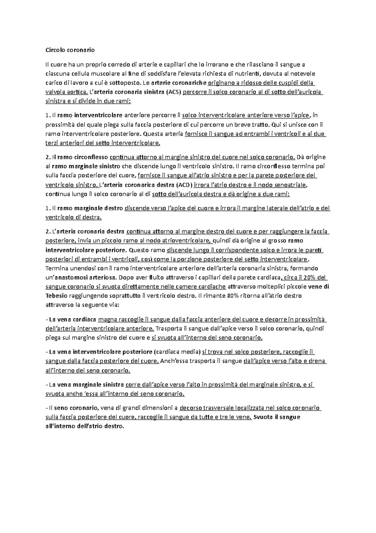 Circolo Coronarico e Polmonare: Anatomia e Funzione del Cuore - Studocu