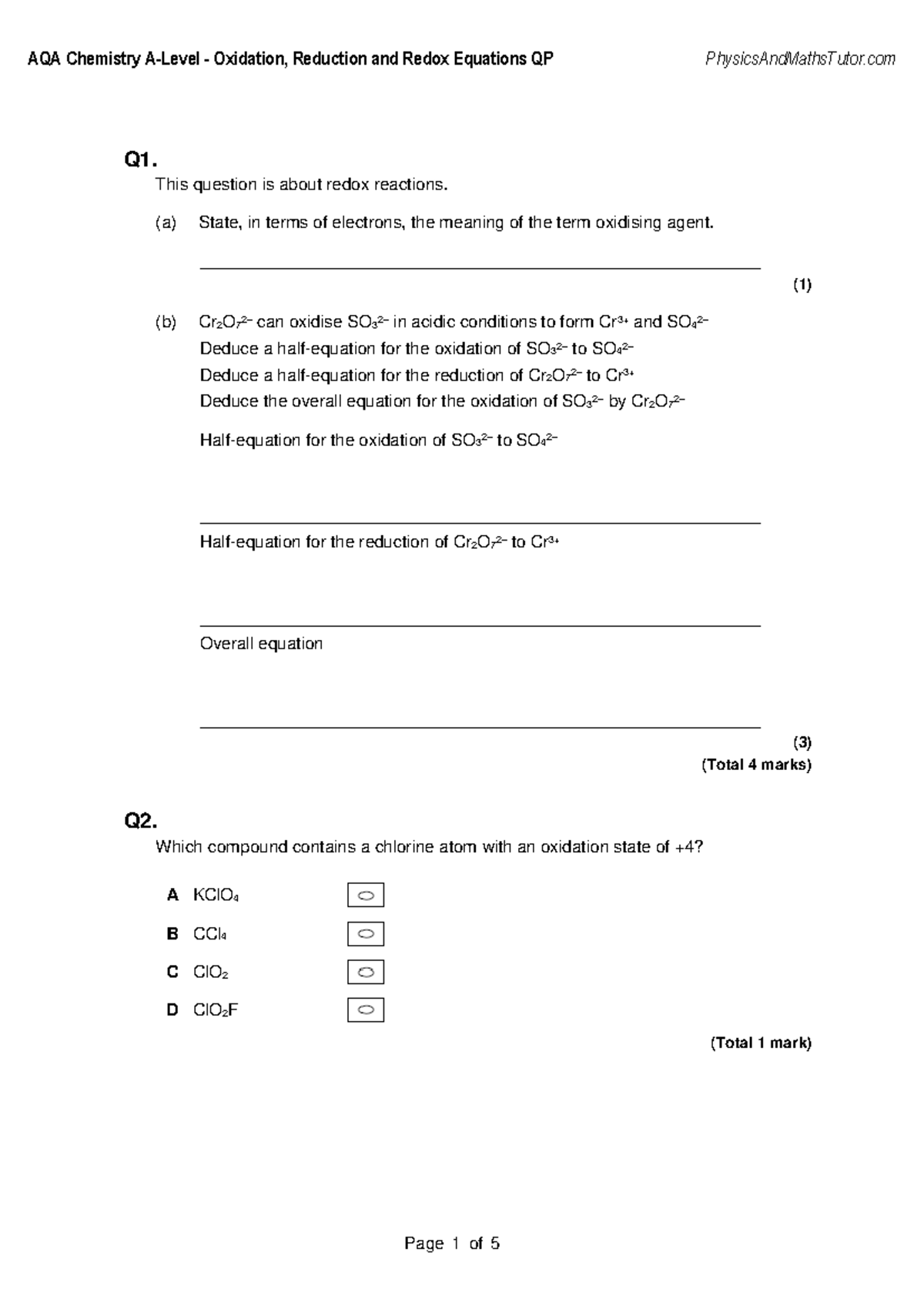 AQA Chemistry Oxidation, Reduction & Redox Equations QP - Studocu
