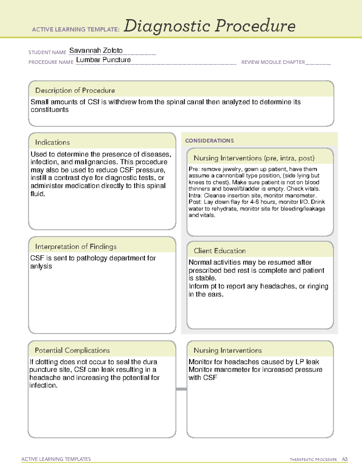 Lumbar Puncture ATI Active Learning Template - ACTIVE LEARNING ...