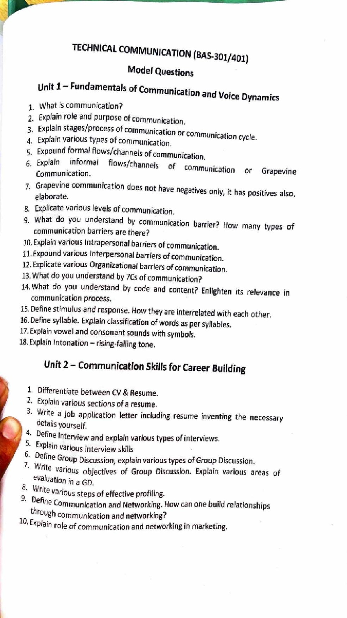 TECHNICAL COMMUNICATION 3 (401) Model Questions for Unit 1-3 - Studocu
