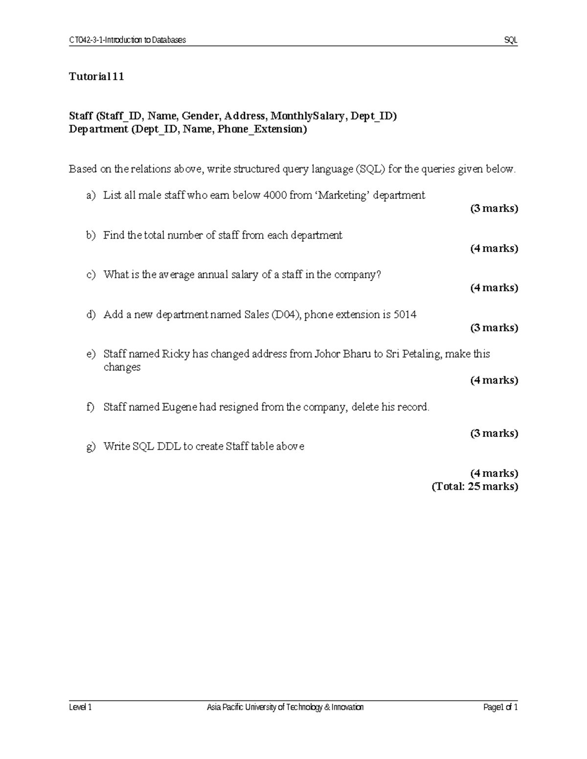 Tutorial 11: SQL Queries for Staff and Department Management - Studocu