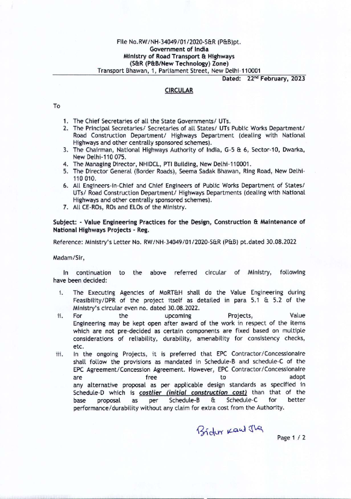 MoRTH Circular on Value Engineering Practices for NH Projects (Feb 2023 ...