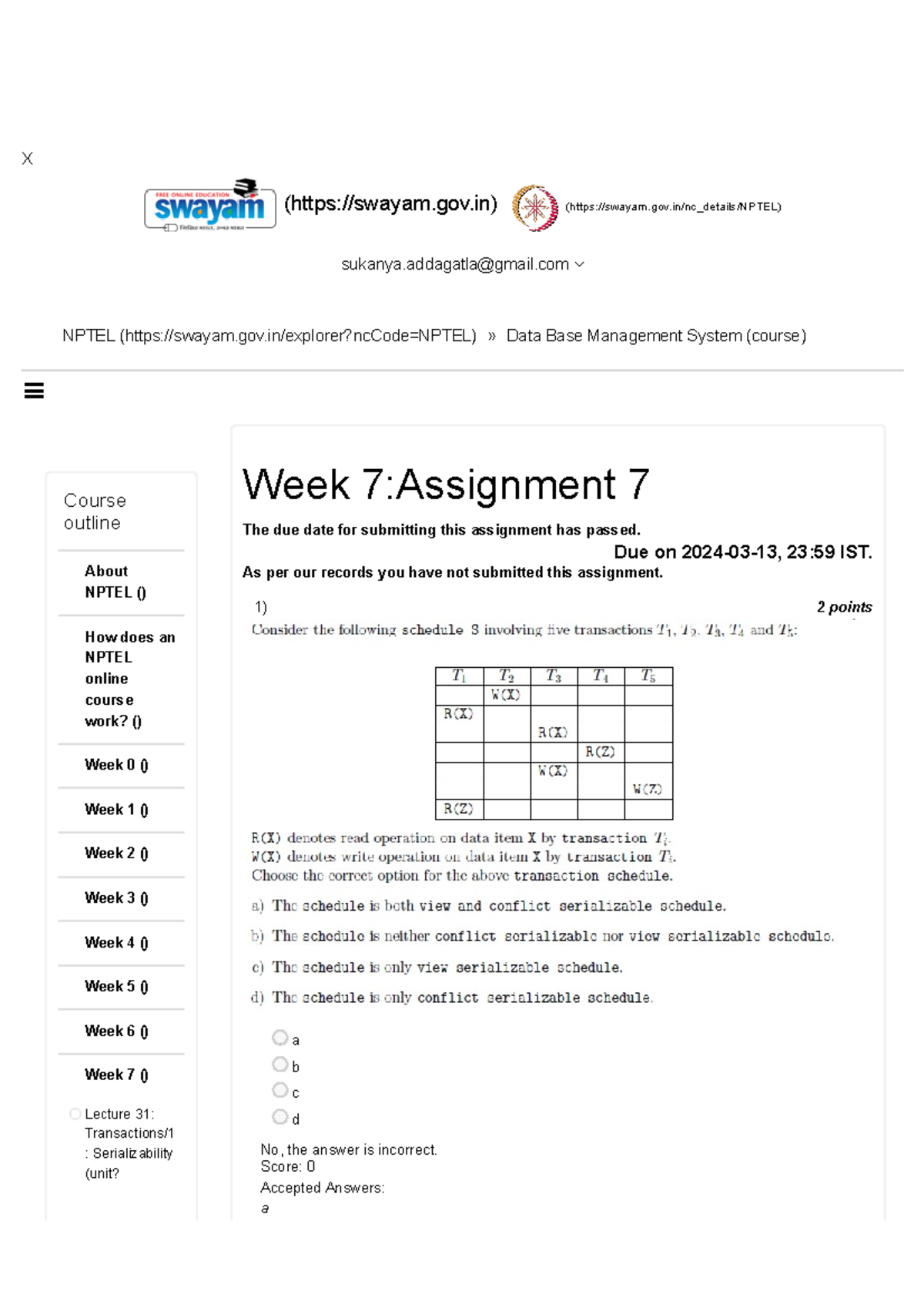 Data Base Management System - Unit 10 - Week 7 - X NPTEL (swayam.gov ...