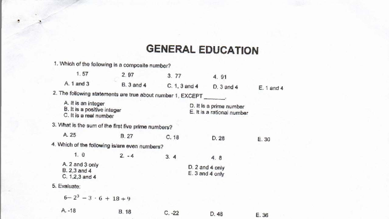 Sed 4303 (Gen Ed) Pretest: Composite Numbers and Basic Math Concepts ...