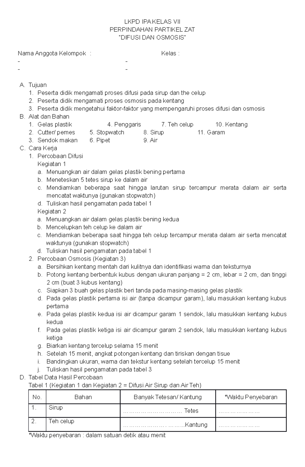 LKPD IPA Kelas VII: Eksperimen Difusi dan Osmosis Praktis - Studocu