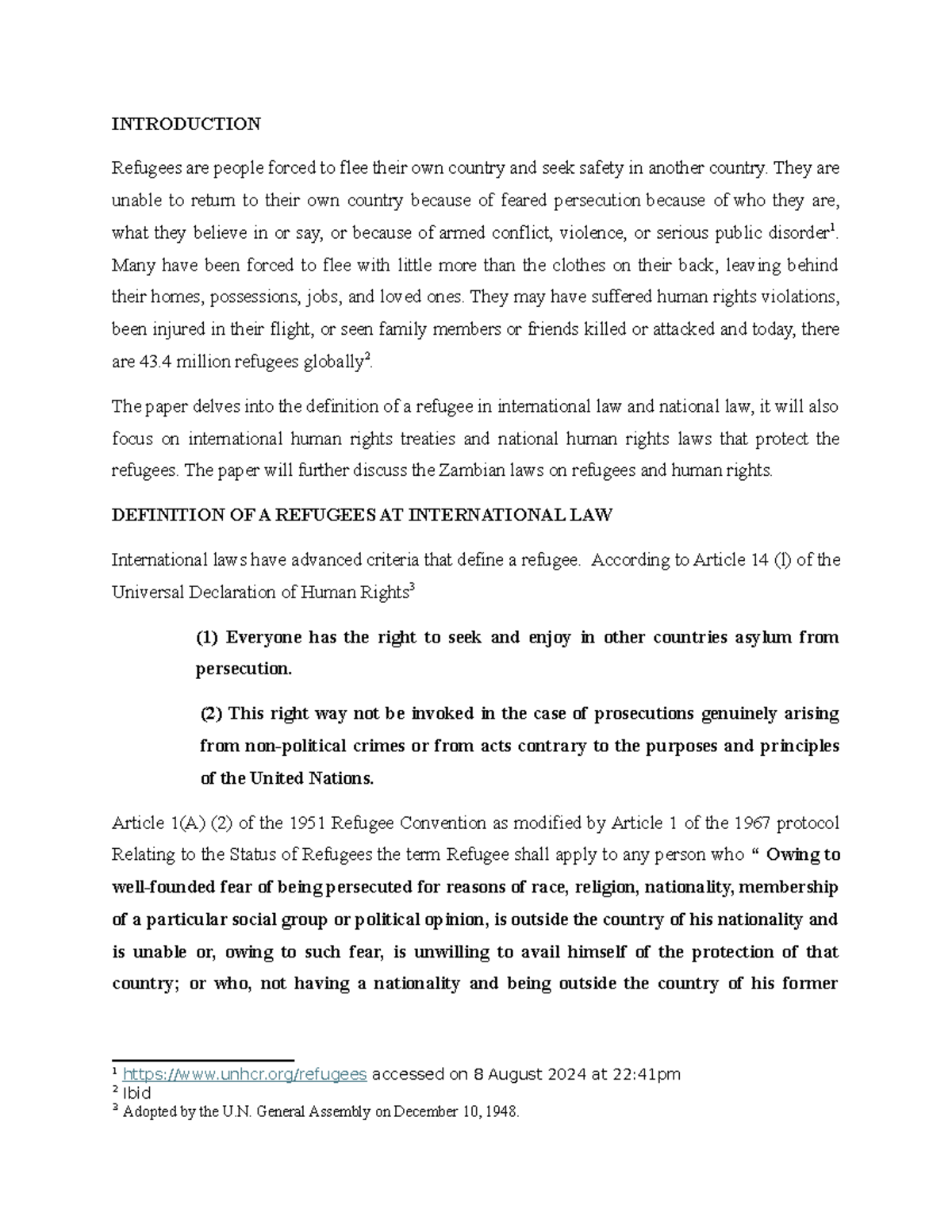 International Law & Human Rights Treaties Protecting Refugees: A ...