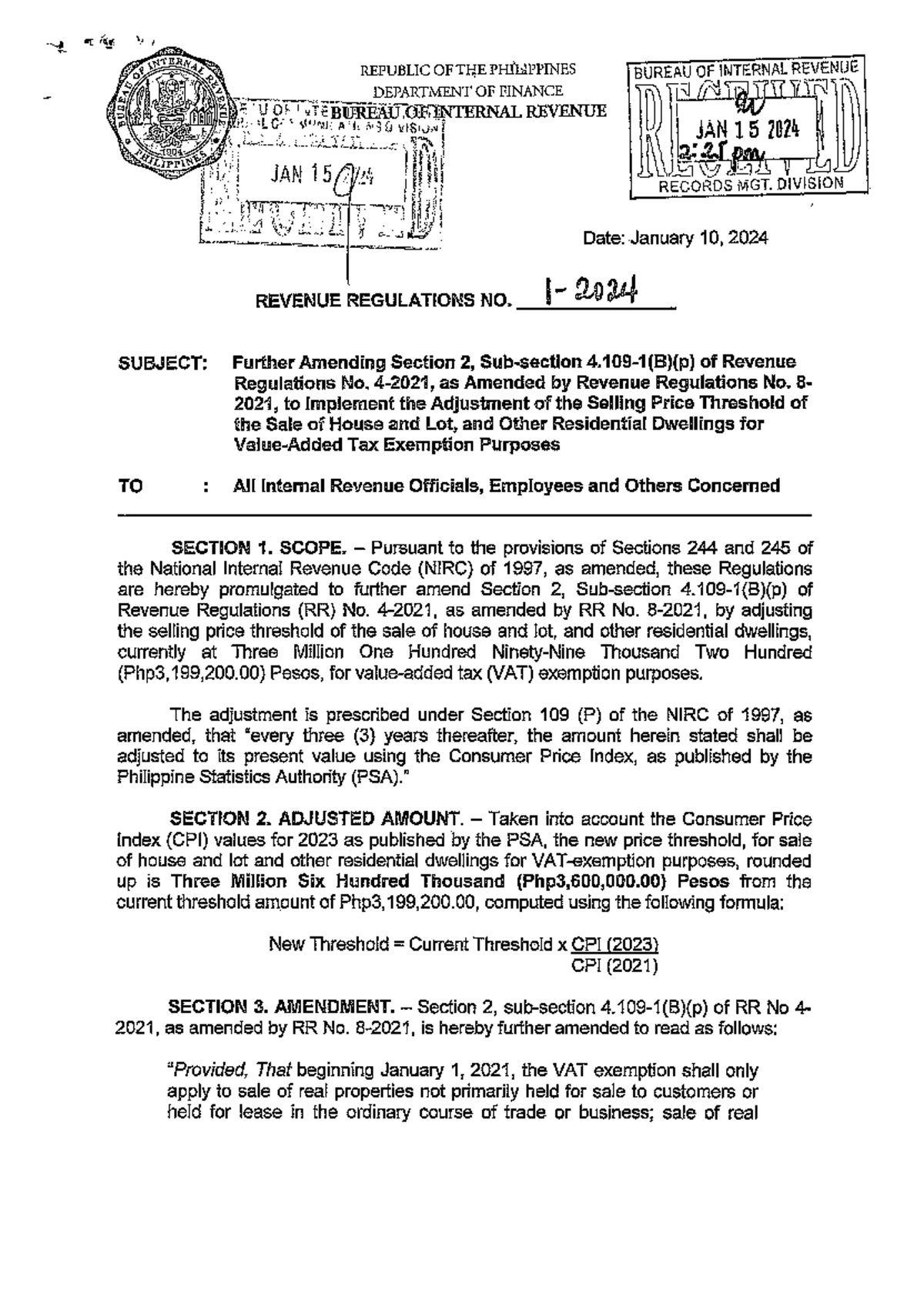 RR No. 1-2024 - Amendments to Tax Exemption Regulations on Residential ...