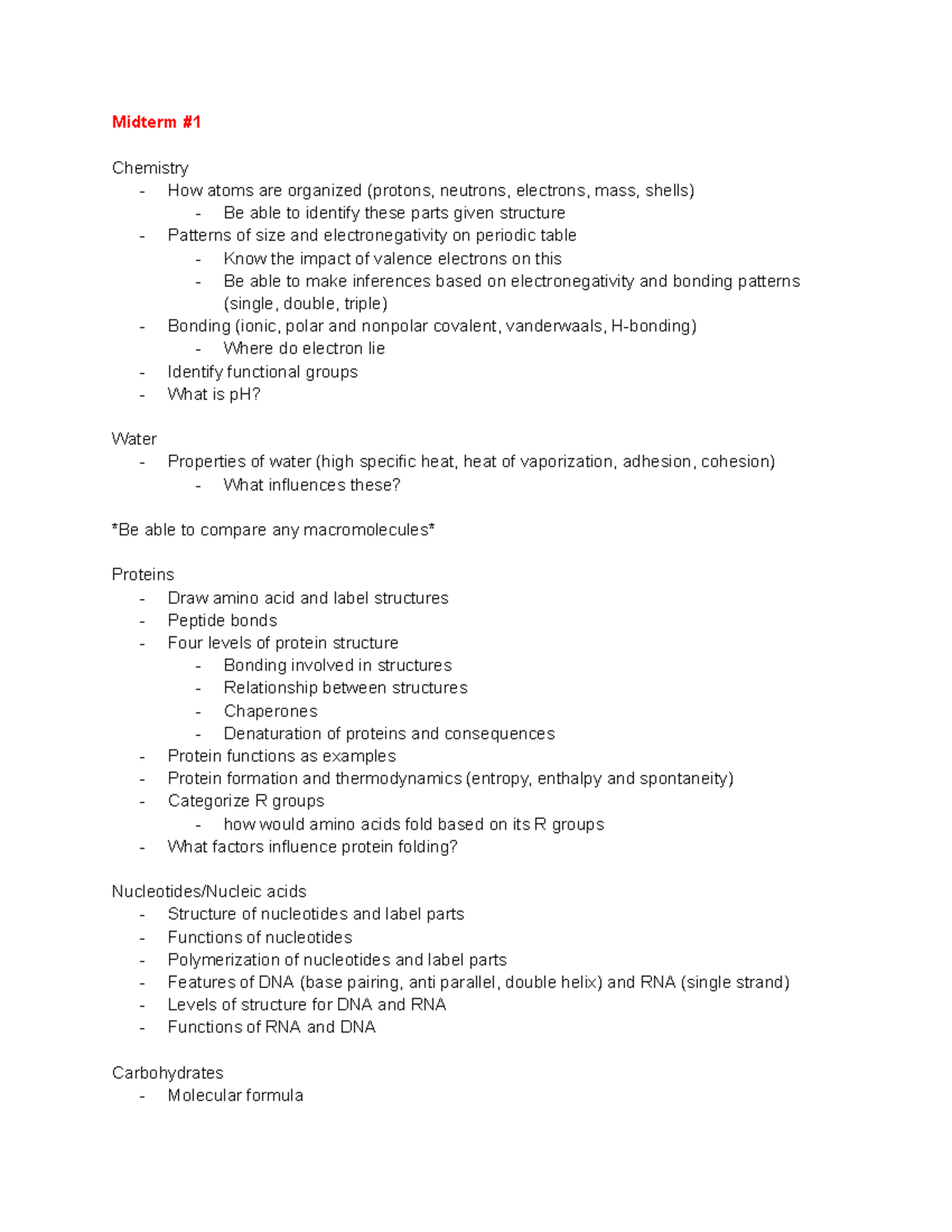 BIO 161 Midterm Study Guide: Chemistry & Cell Biology Concepts - Studocu