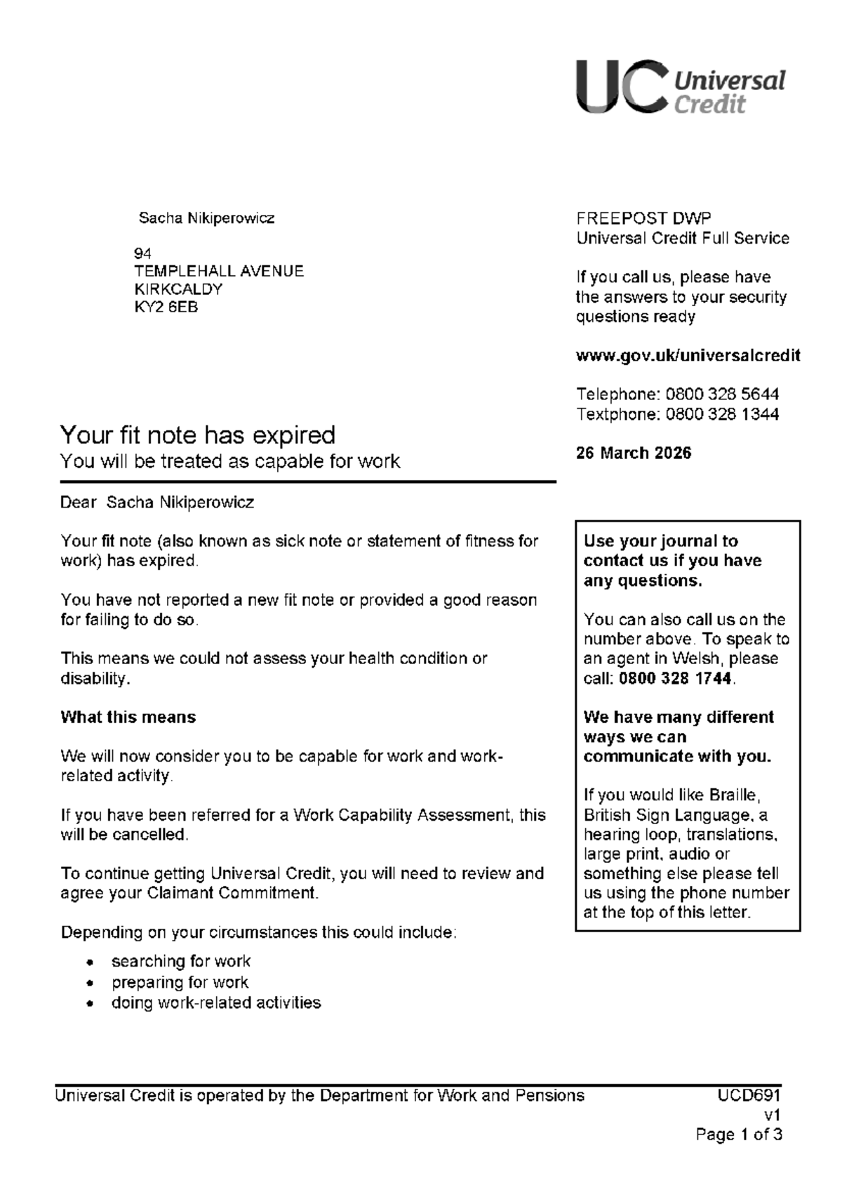 Universal Credit Fit Note Expiration Notice - Studocu