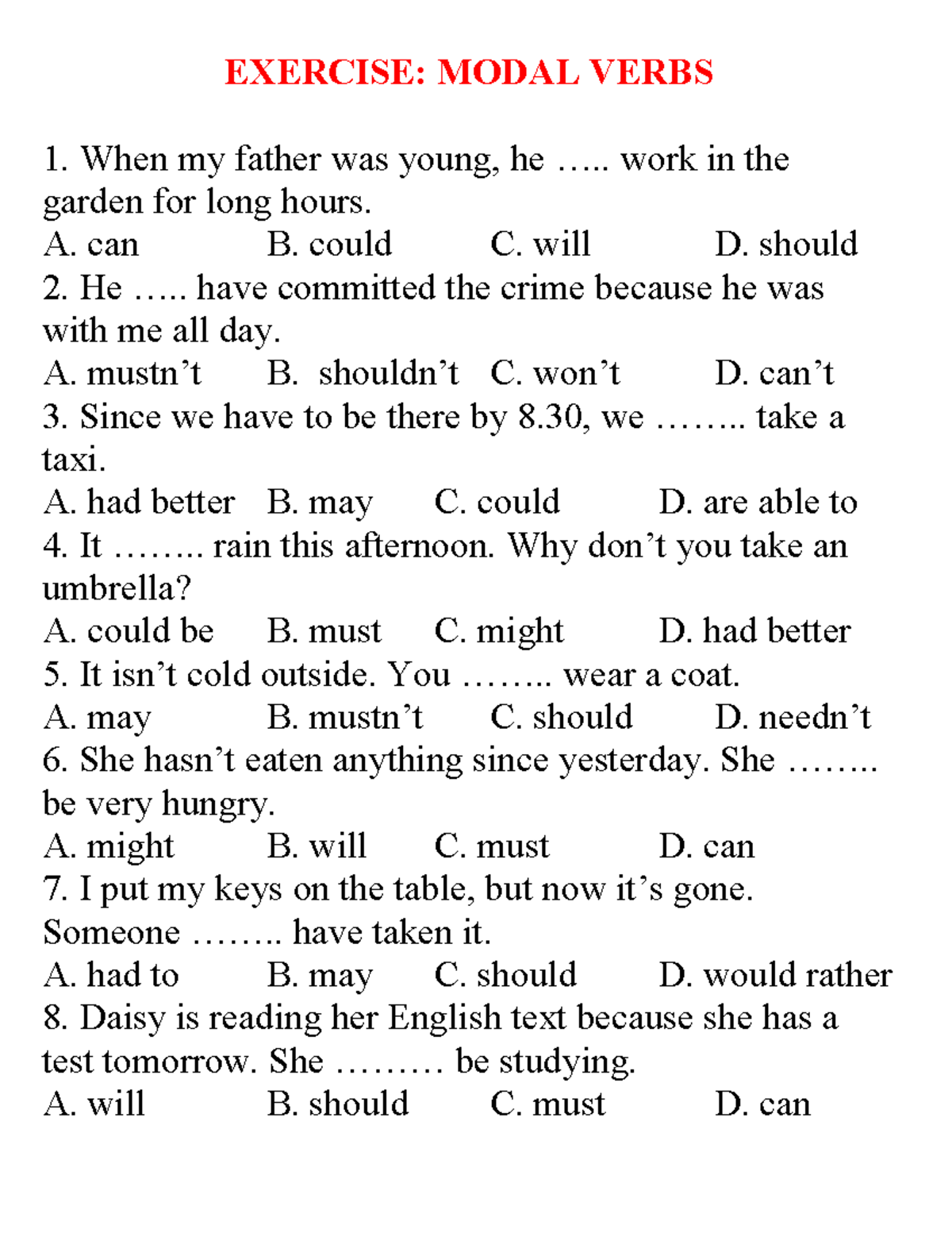 Exercise: Modal Verbs Practice (ENG 101) - Studocu