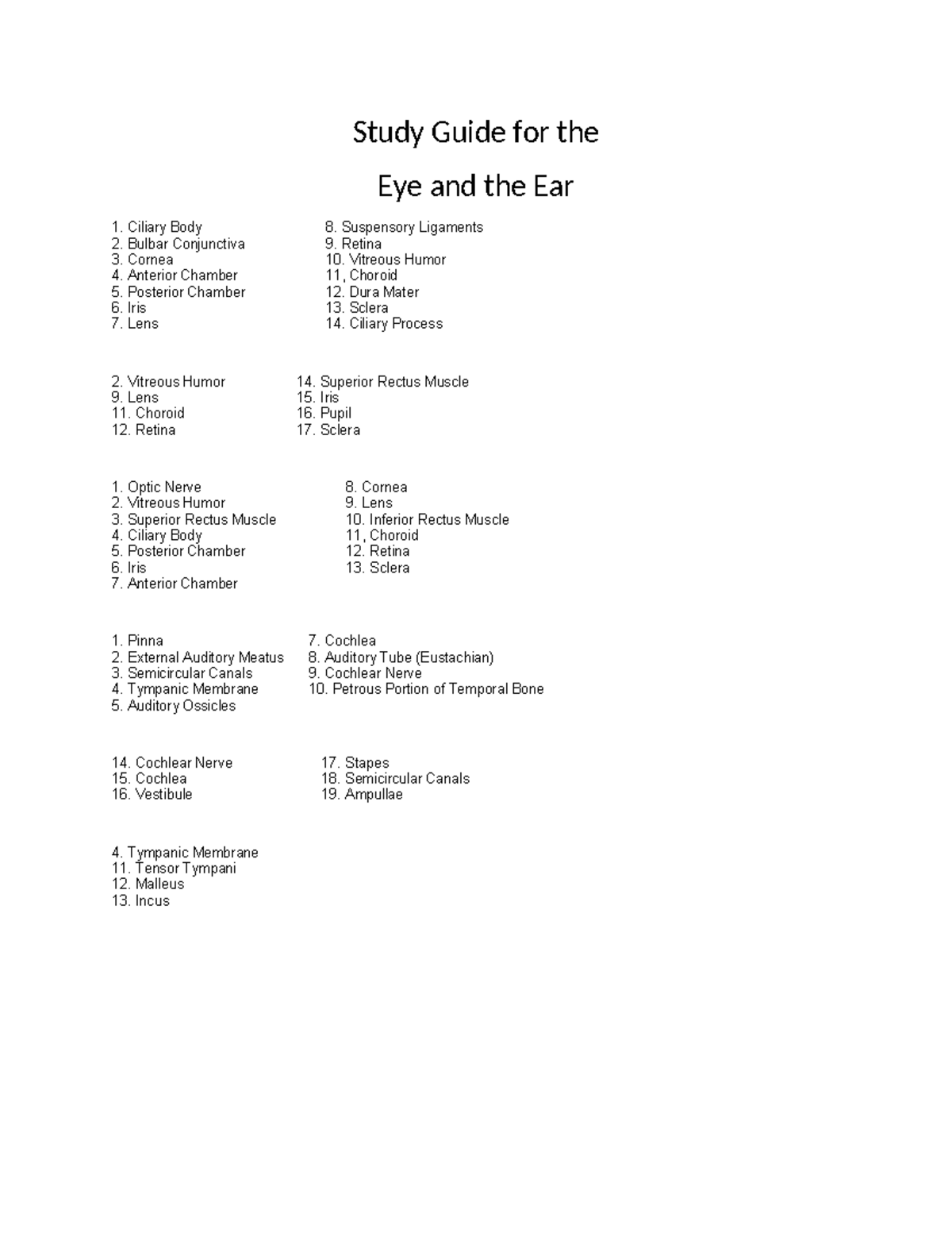 Lab Study Guide for the Eye and the Ear - Study Guide for the Eye and ...