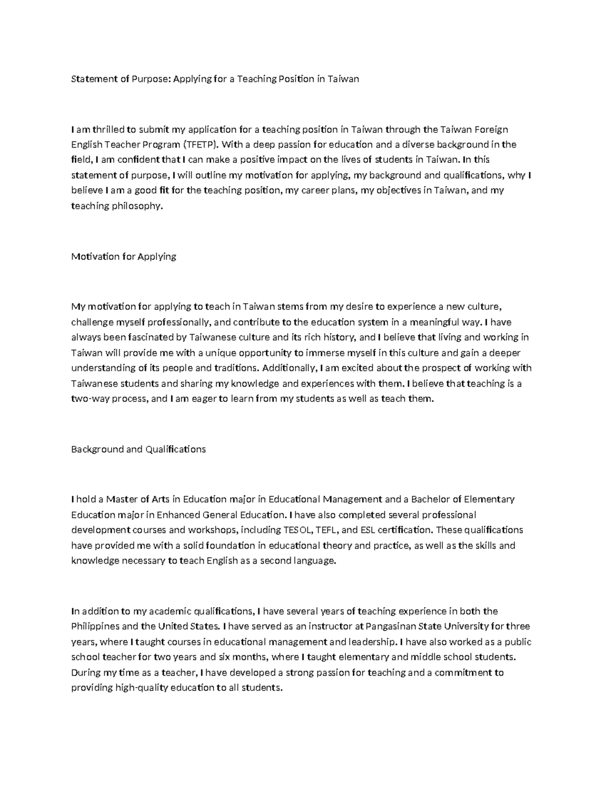 Statement of Purpose for Teaching Position in Taiwan (TFETP) - Studocu