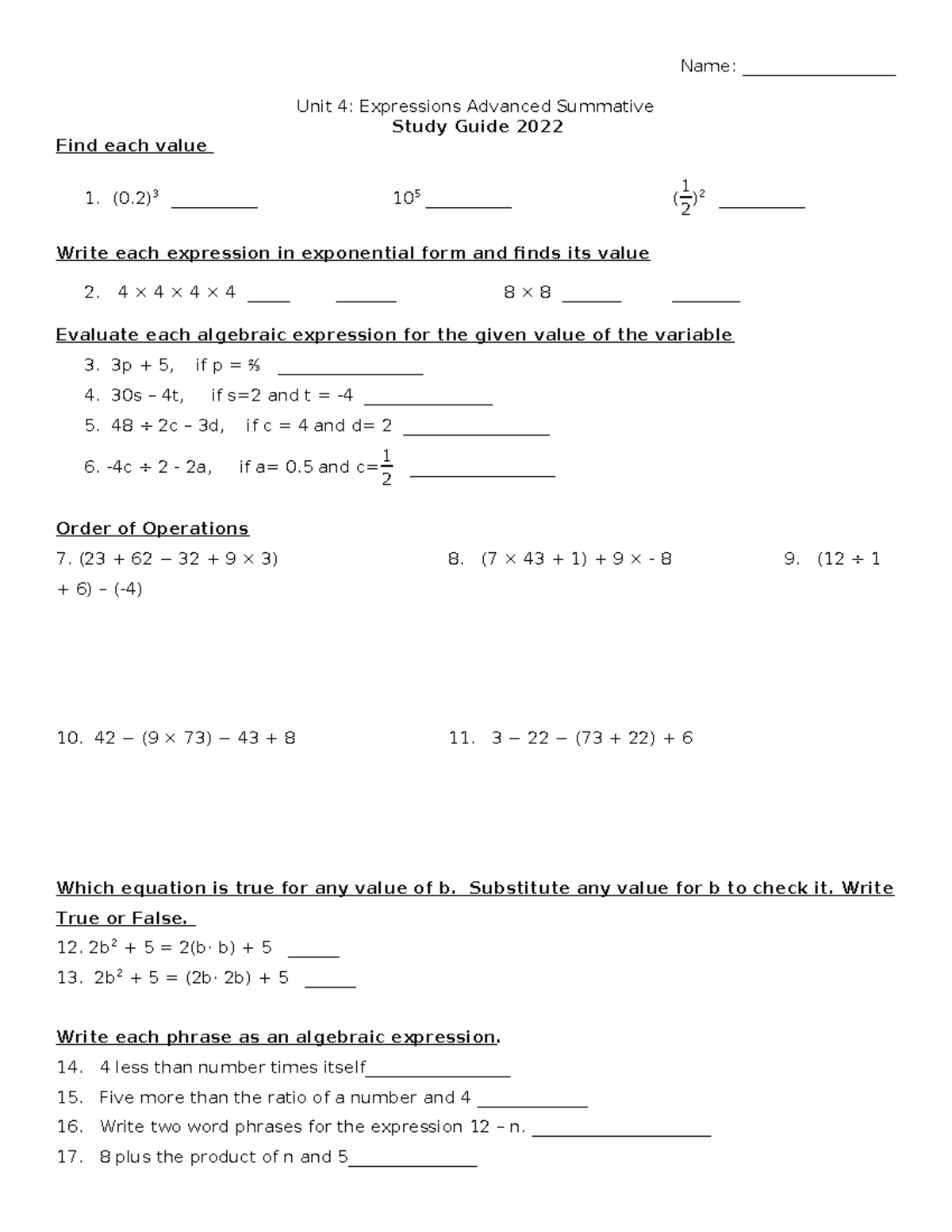 Unit 4: Advanced Expressions Summative Study Guide 2022 - Studocu
