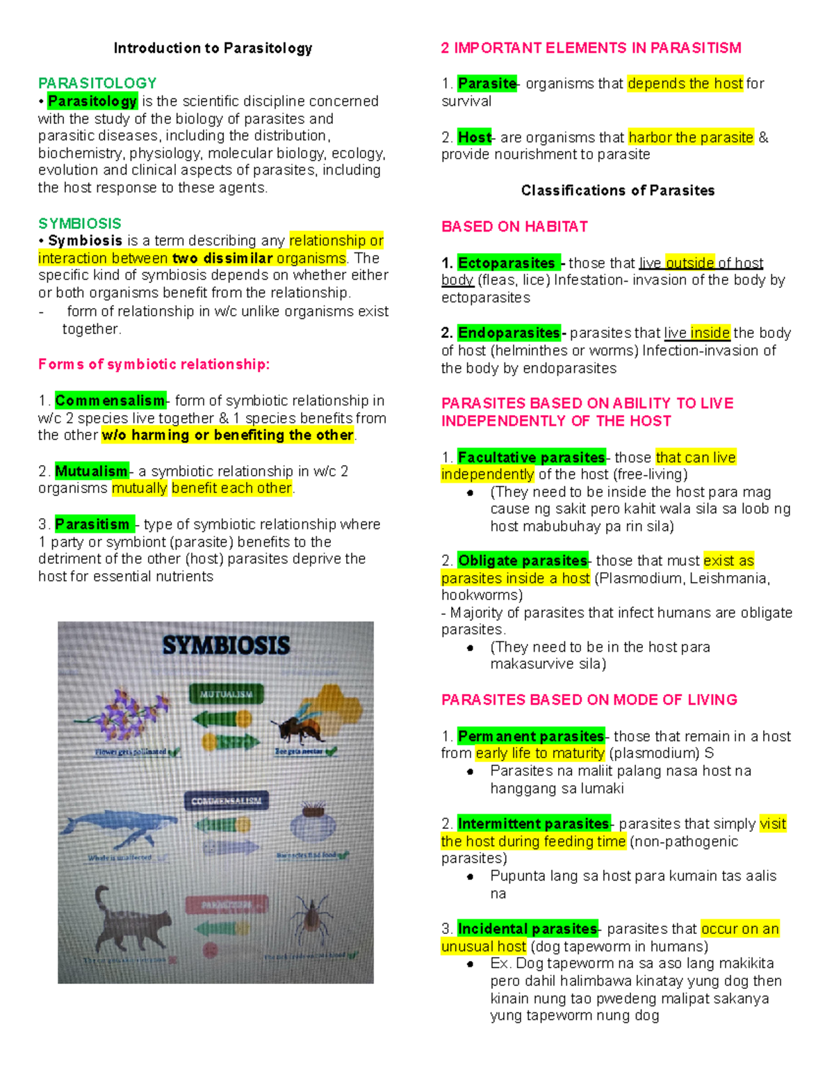 Parasitology 2: Key Concepts and Classifications of Parasites - Studocu