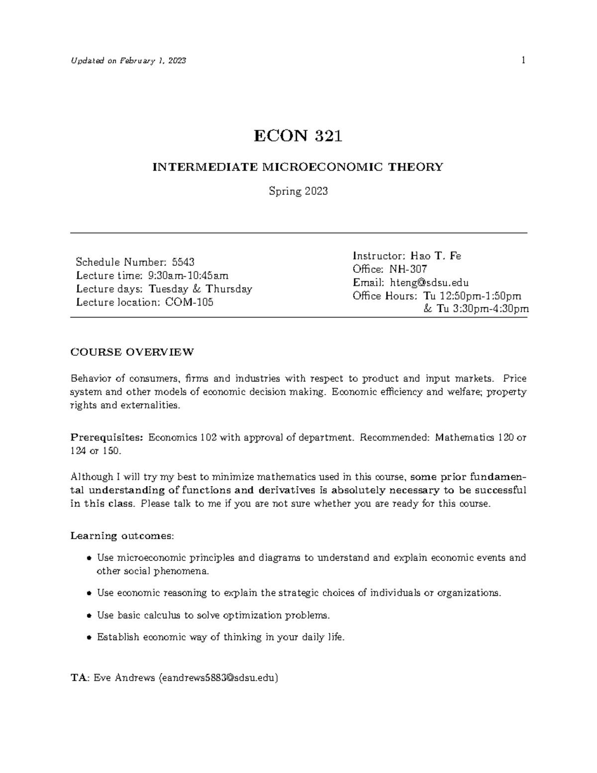 Syllabus - summary - ECON 321 INTERMEDIATE MICROECONOMIC THEORY Spring ...