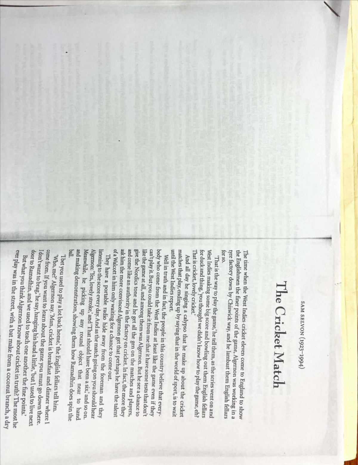 SAM SELVON: The Cricket Match - A Short Story Analysis - Studocu