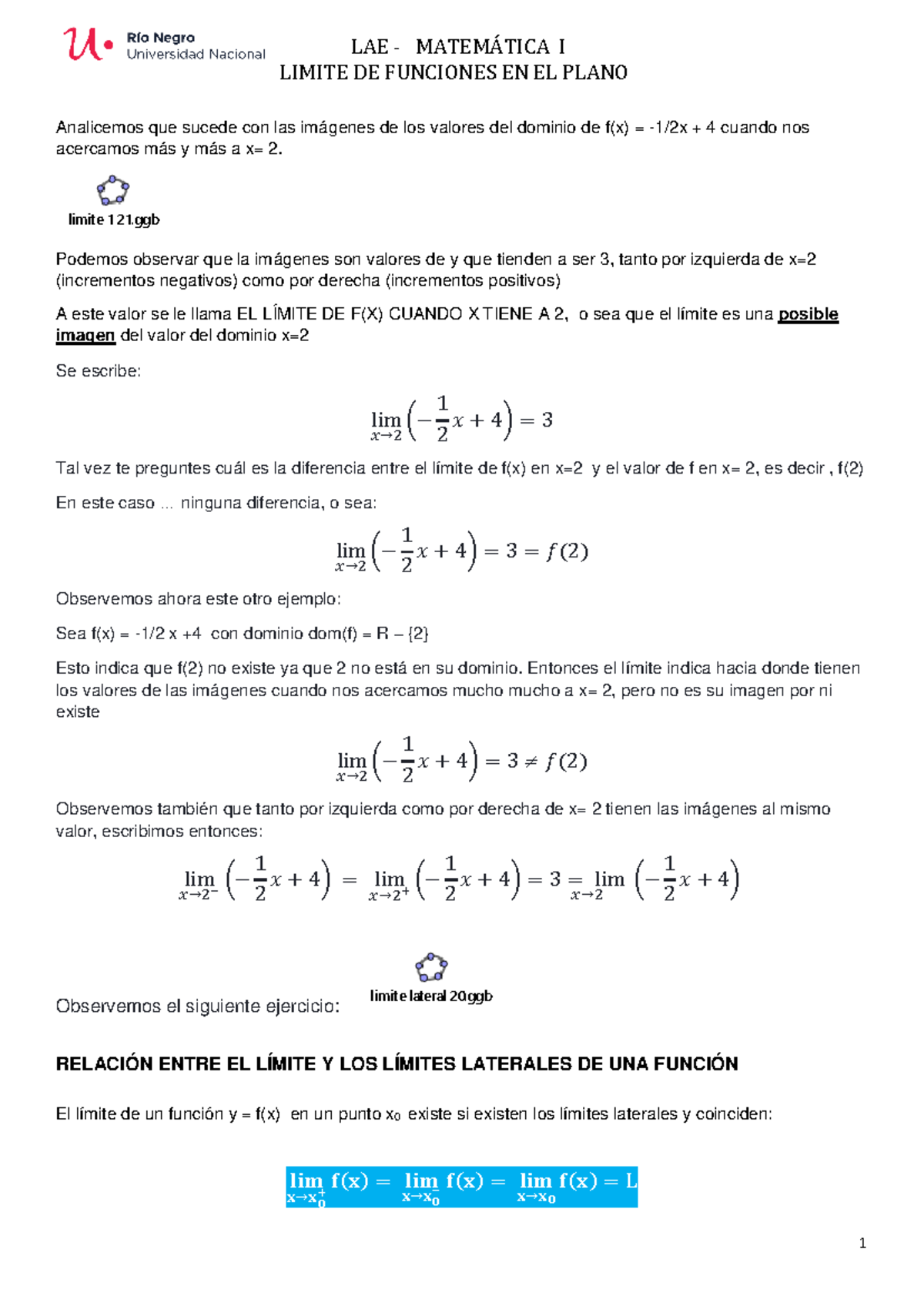 Limite 21 - LIMITE DE FUNCIONES EN EL PLANO Analicemos que sucede con ...