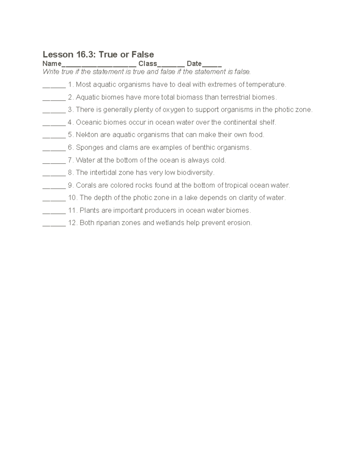 Aquatic Biomes Worksheet 2 2 - Lesson 16: True or False Name ...
