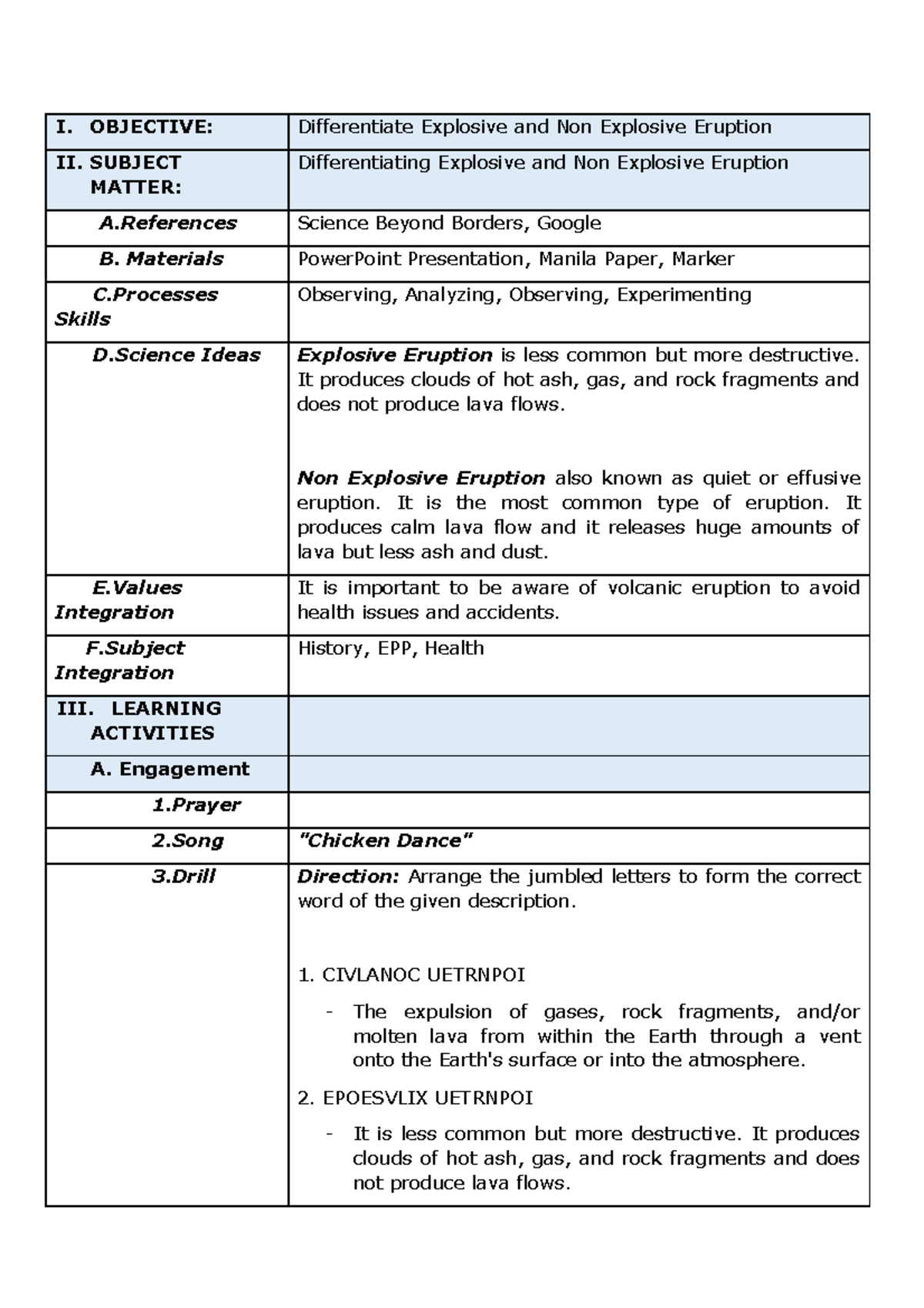Mayola - Lesson Plan - Differentiating Eruptions in Volcanoes - Studocu