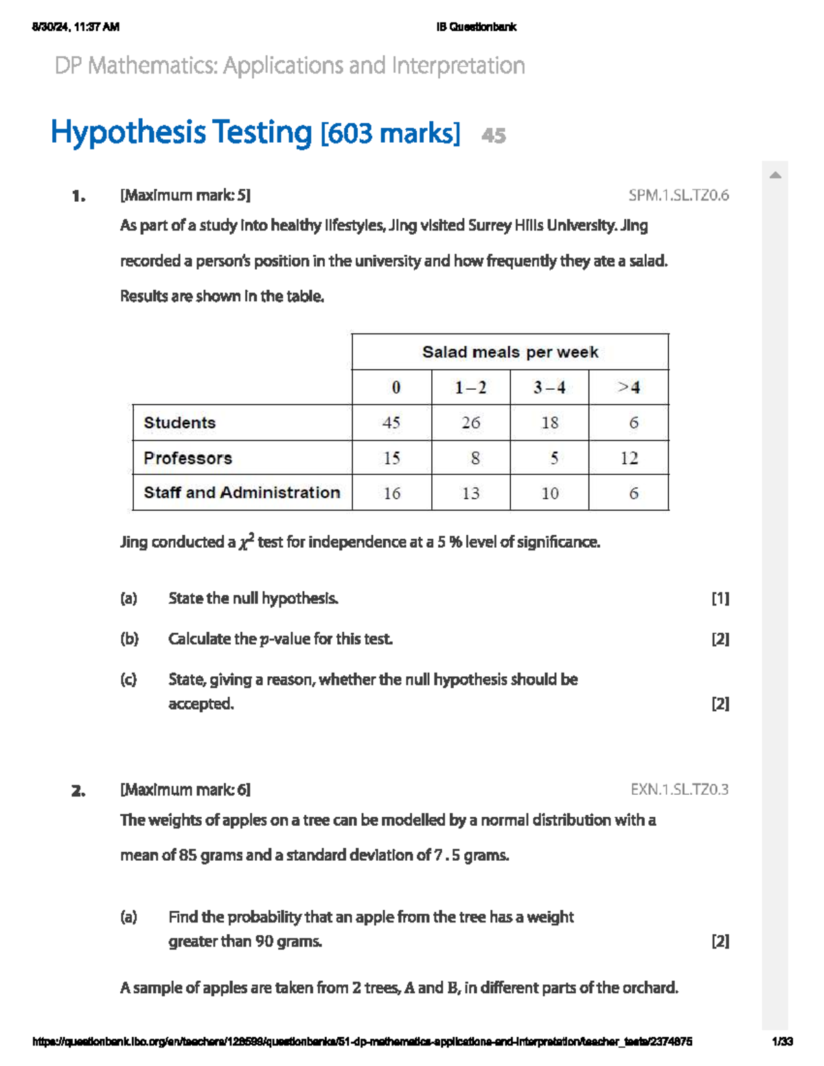 IB DP Mathematics: Applications & Interpretation Hypothesis Testing ...