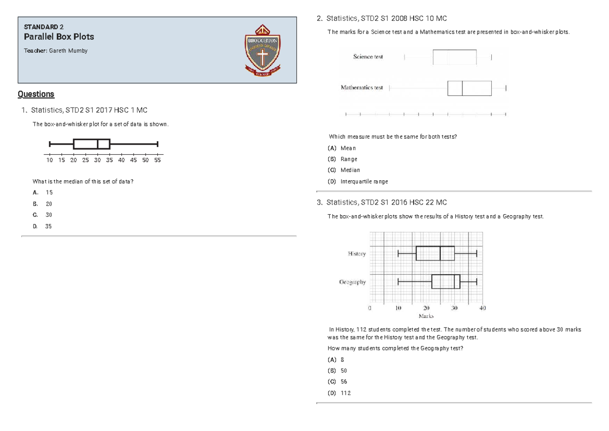 HSC Statistics, STD2 S1 2008-2019 MC Parallel Box Plots Analysis - Studocu